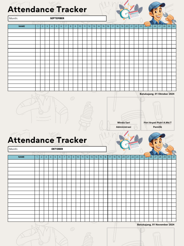 Attendance Tracker in Pastel Color and Monochromatic Simple Style (A4 ...