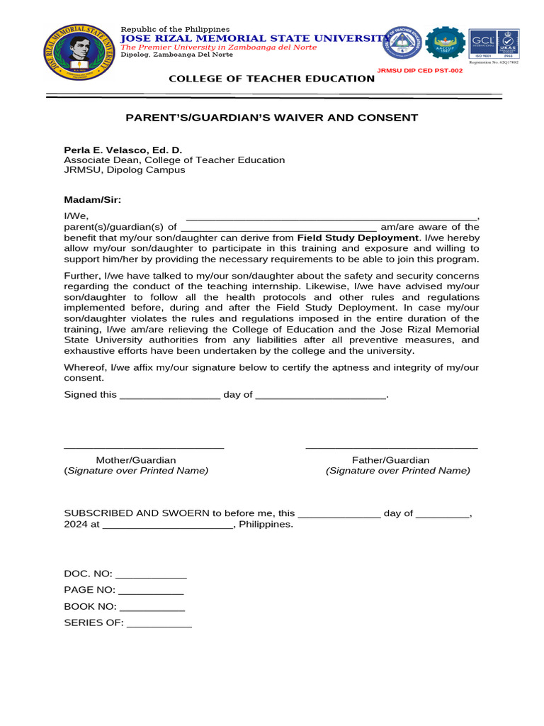Sworn Parents Guardians Waiver Form 2024 | PDF