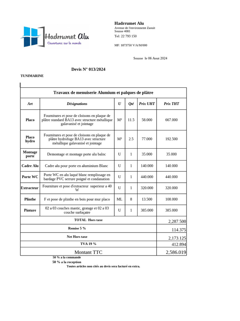 Devis 13 Alu Tunimarine | PDF