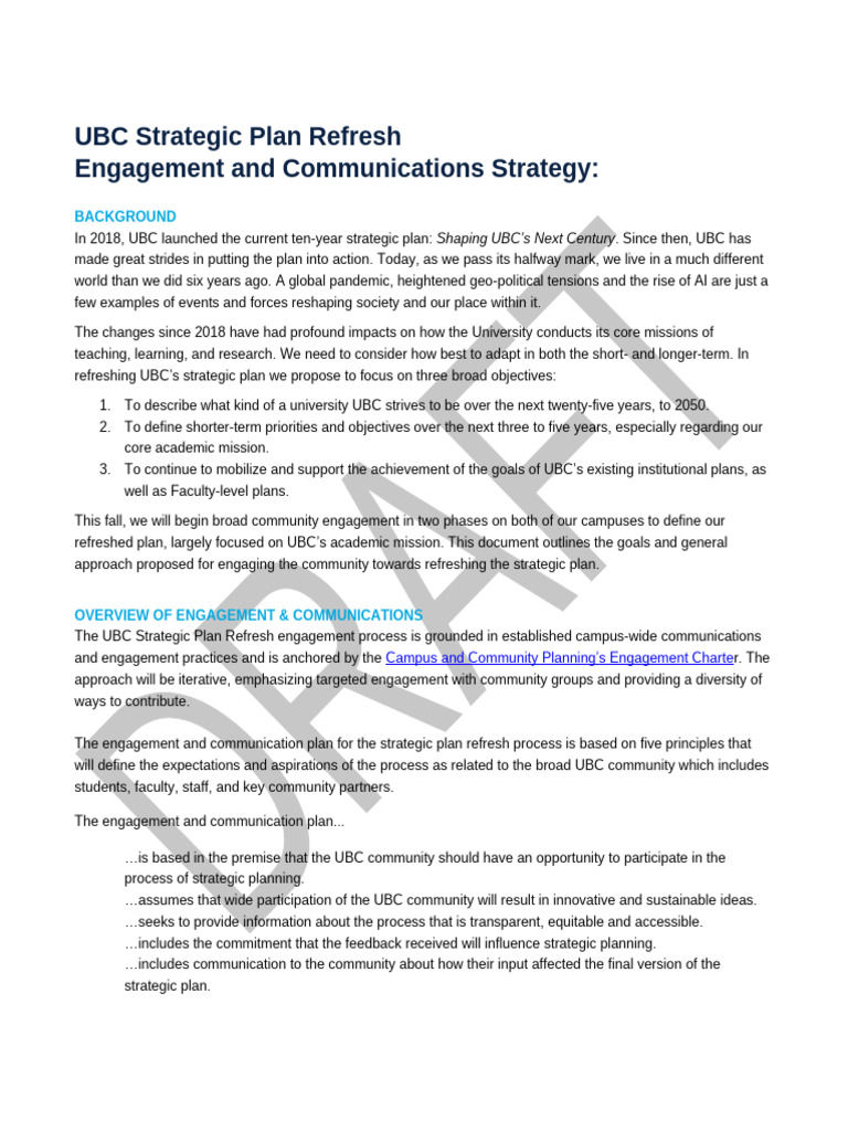 UBC Strategic Plan Refresh Engagement and Communication Plan - Draft | PDF