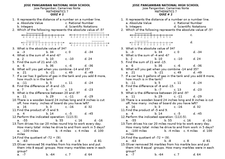 Math 7 Q1 Quiz #2 | PDF