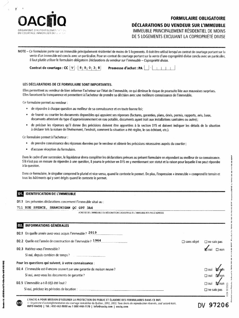 711 Rue Spence Declaration Du Vendeur Modification DV Signe Le 2024-08-13 3 NoCentris 24358629 | PDF