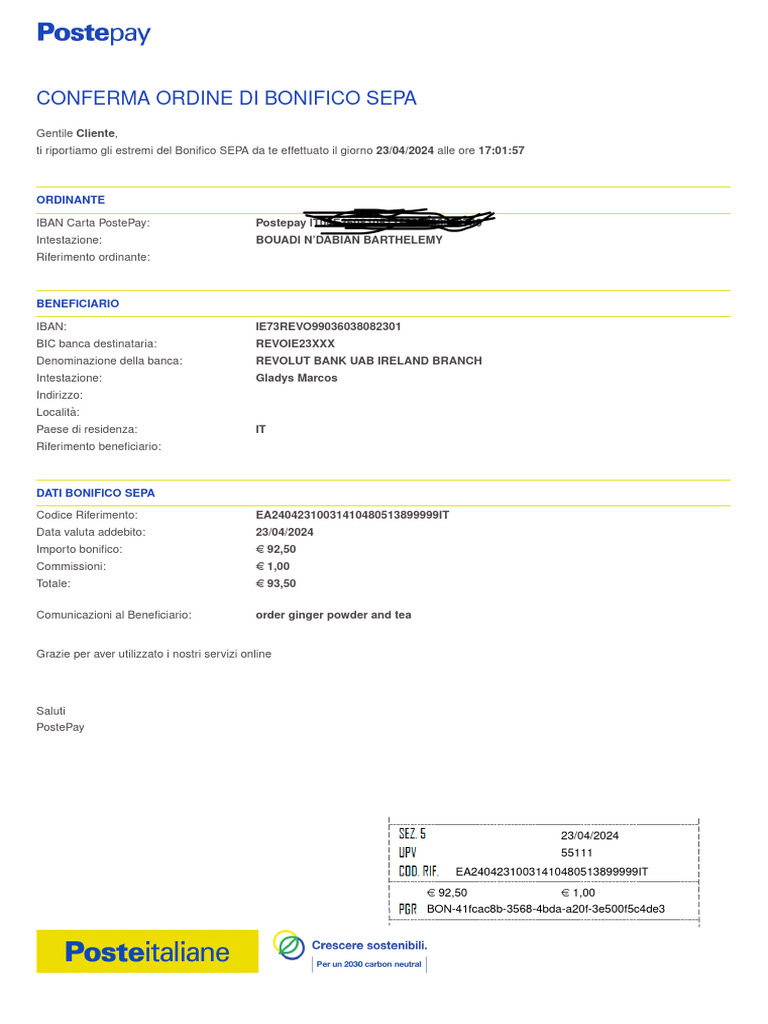 Ricevuta Bonifico SEPA 23042024 PDF | PDF