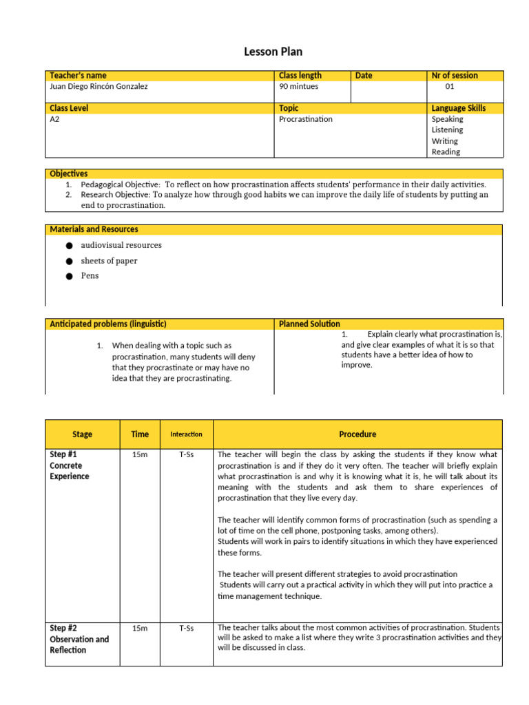 Lesson Plan - Procrastination | PDF