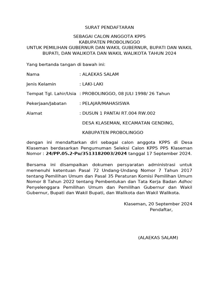 Fix SURAT PENDAFTARAN ALEX | PDF