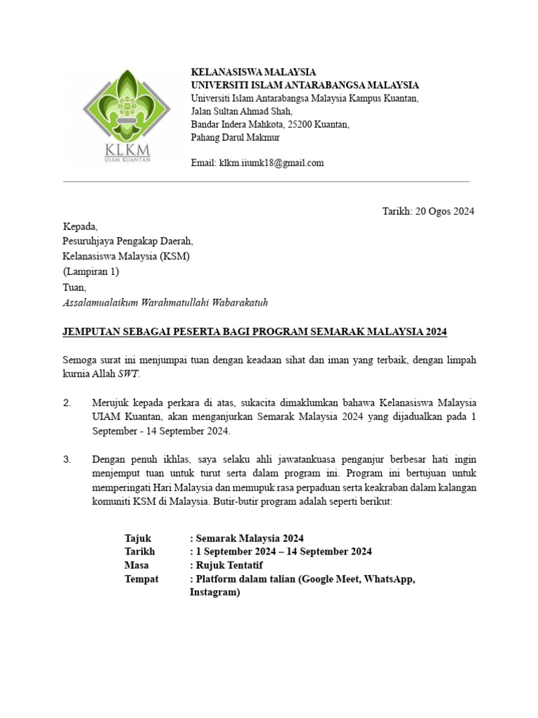 Surat Jemputan Peserta (Semarak Malaysia 2024) - 1 | PDF