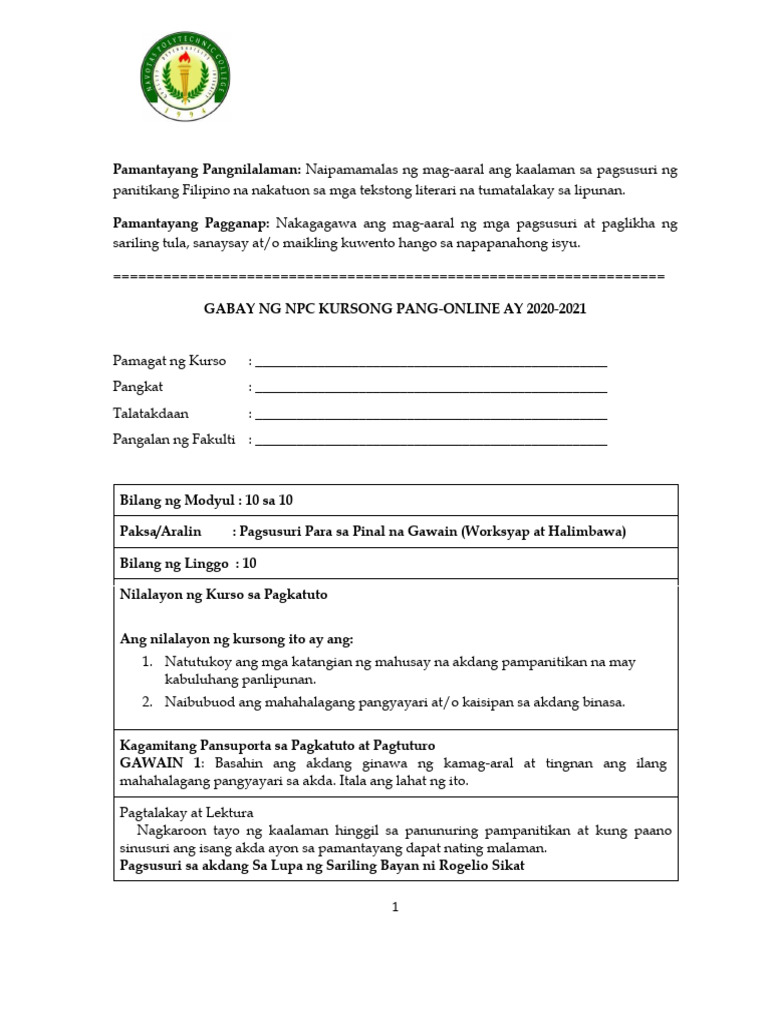 NPC Modyul 10 Sosyedad 2020 2021 1 | PDF