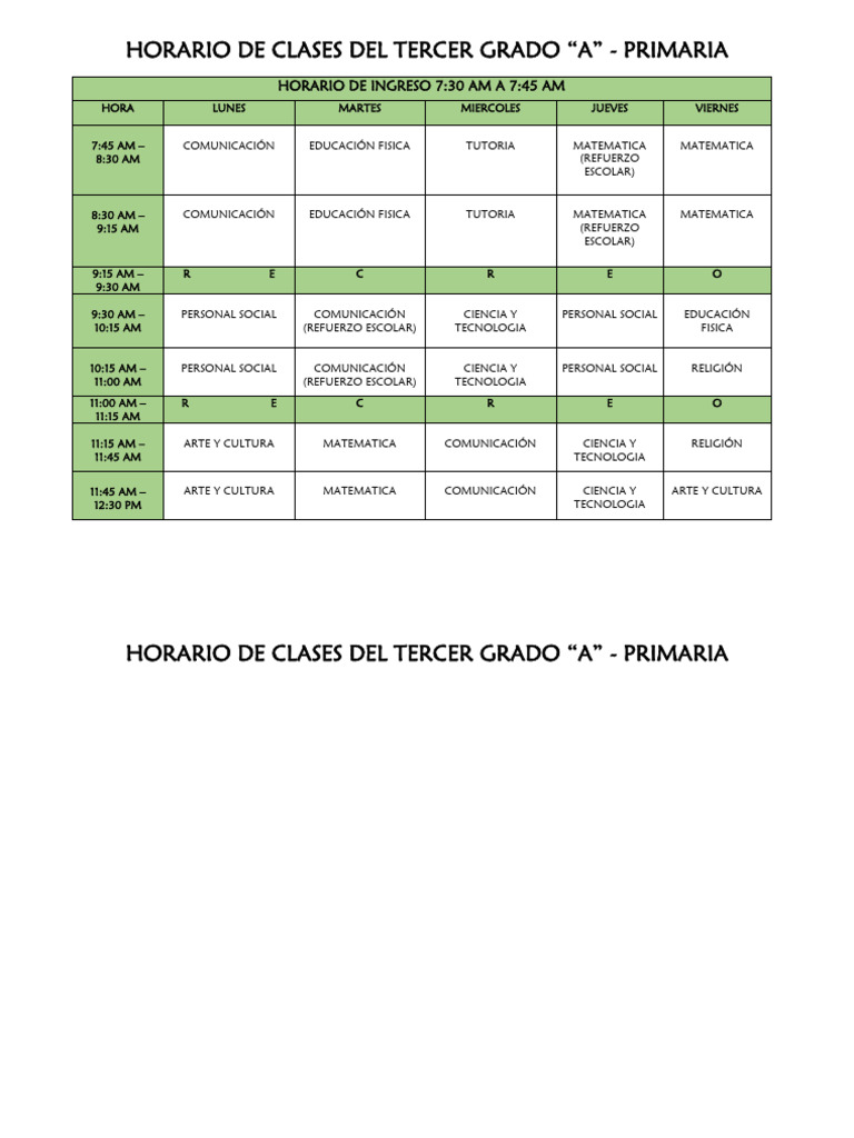 HORARIO DE CLASES TERCER GRADO A | PDF