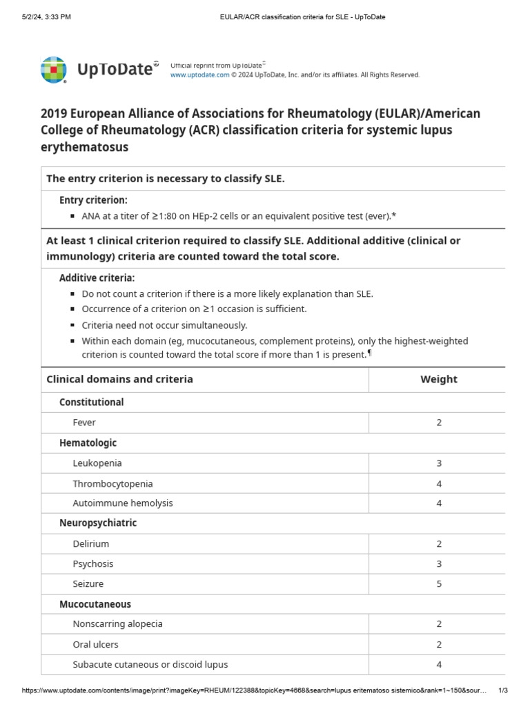 EULAR - ACR Classification Criteria For SLE | PDF