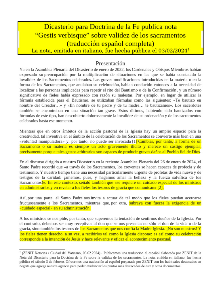 Dicasterio para Doctrina de La Fe Â Los Sacramentosâ Nota (03-02-2024) | PDF | Iglesia Católica ...