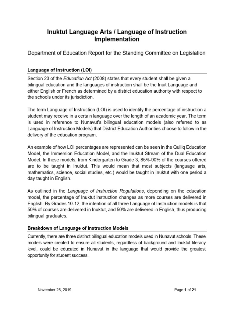 Inuktut Language Arts - Language of Instruction Implementation en | PDF