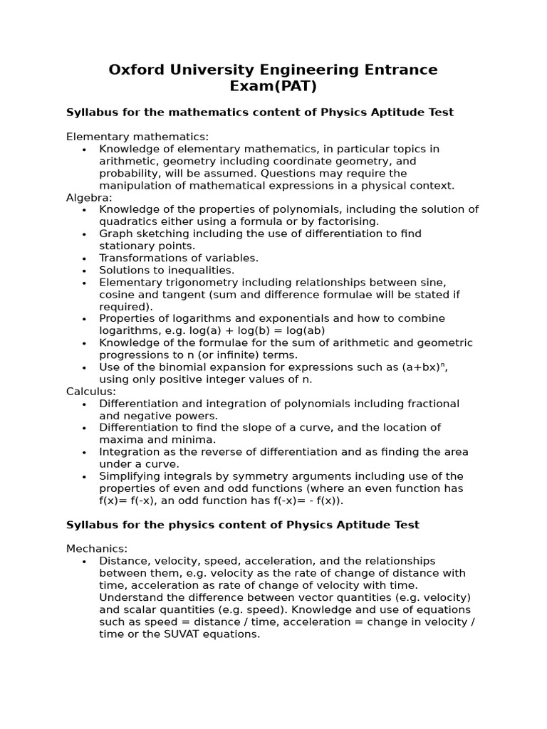 Oxford Engg. Entrance (PAT) | PDF