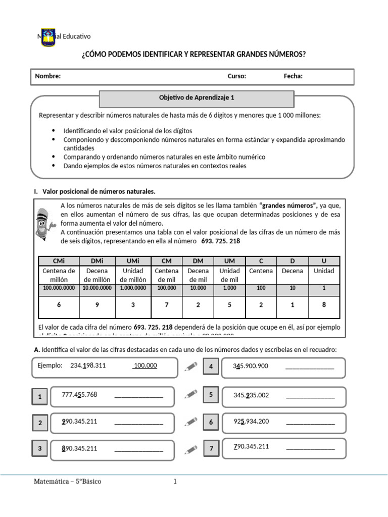 0a 1 Quinto Basico Matematica | PDF