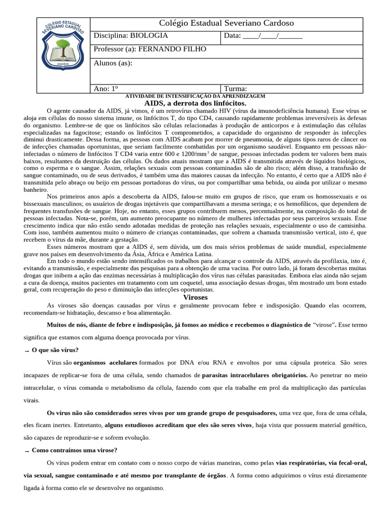 Atividade 1º Ano Aids A Derrota Dos Linfócitos Viroses | PDF