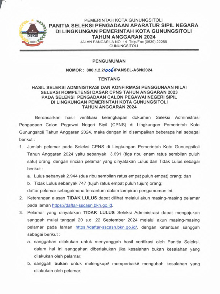 Pengumuman Hasil Seleksi Administrasi Cpns Tahun 2024 | PDF