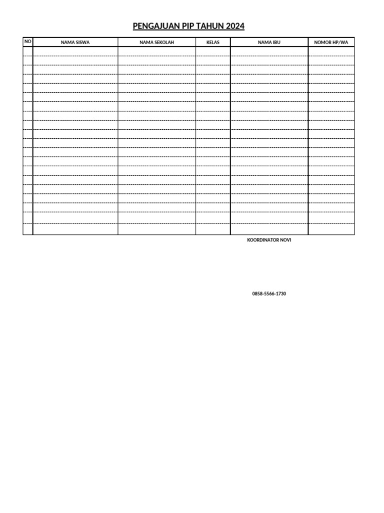 Pengajuan Pip Tahun 2024: NO Nama Siswa Nama Sekolah Kelas Nama Ibu ...