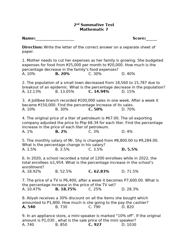 Math 7 - 2nd Summative Test | PDF