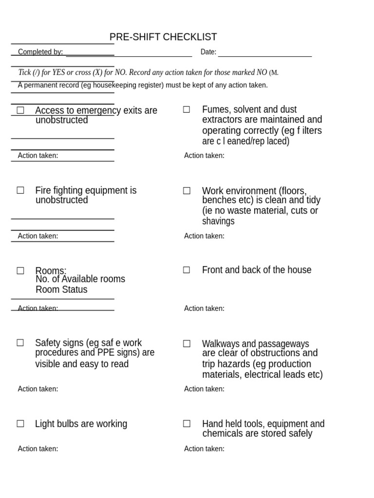 Pre-Shift Checklist | PDF