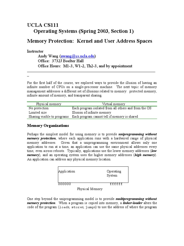 Ucla Cs111 Operating Systems (Spring 2003, Section 1) Memory Protection: Kernel and User Address ...