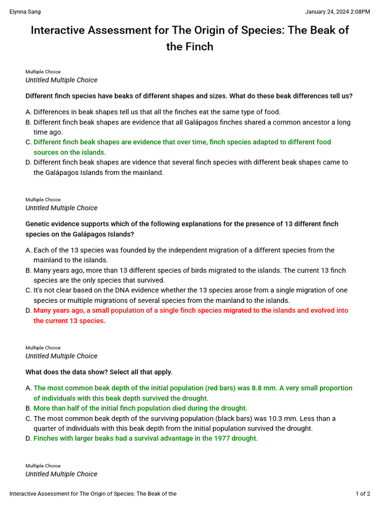 Interactive Assessment For The Origin of Species: The Beak of The Finch ...