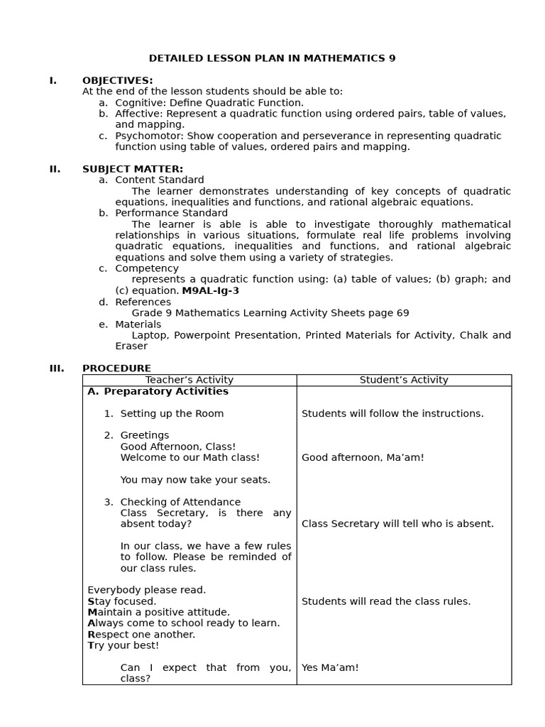Grade 9 Quadratic Function Lesson Plan | PDF | Function (Mathematics ...