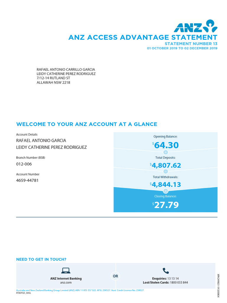 Anz Access Advantage Statement: Welcome To Your Anz Account at A Glance ...