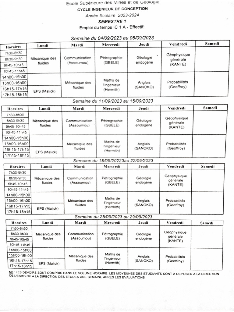 Emploi Du Temps IC1 A | PDF