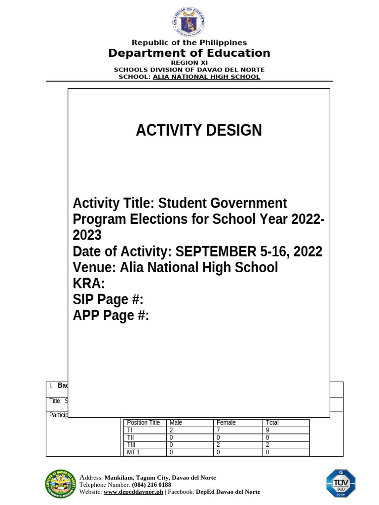 SSG Election - Activity Design - 2022-2023 | PDF