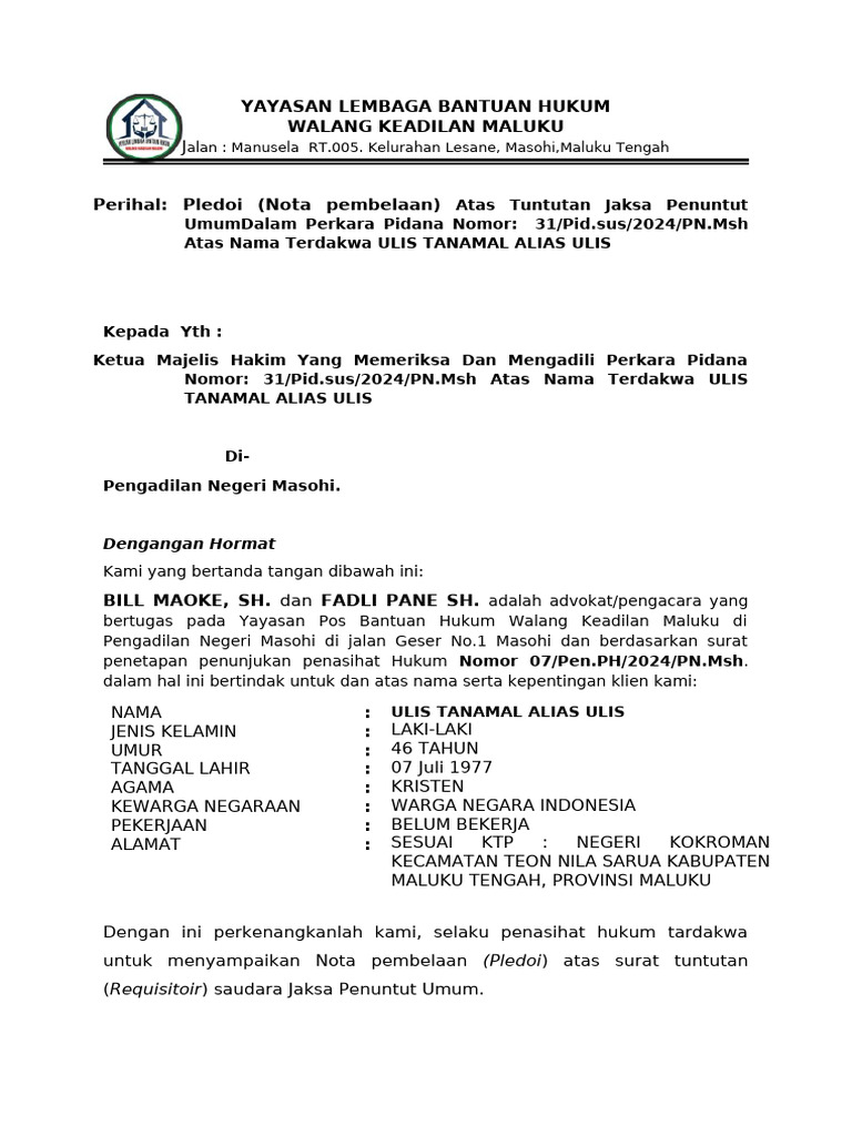 Contoh Pledoi / PEMBELAAN ULIS TANAMAL ALIAS ULIS | PDF | Hukum