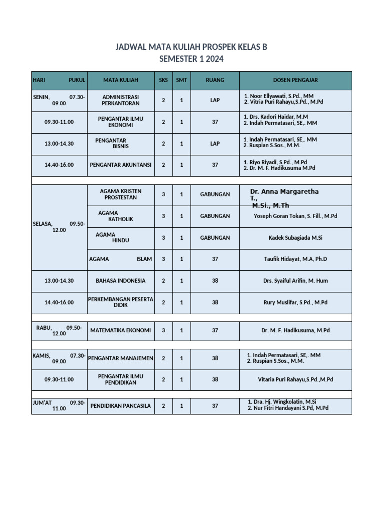 Jadwal Prospek 2024 SMT 1 New New | PDF