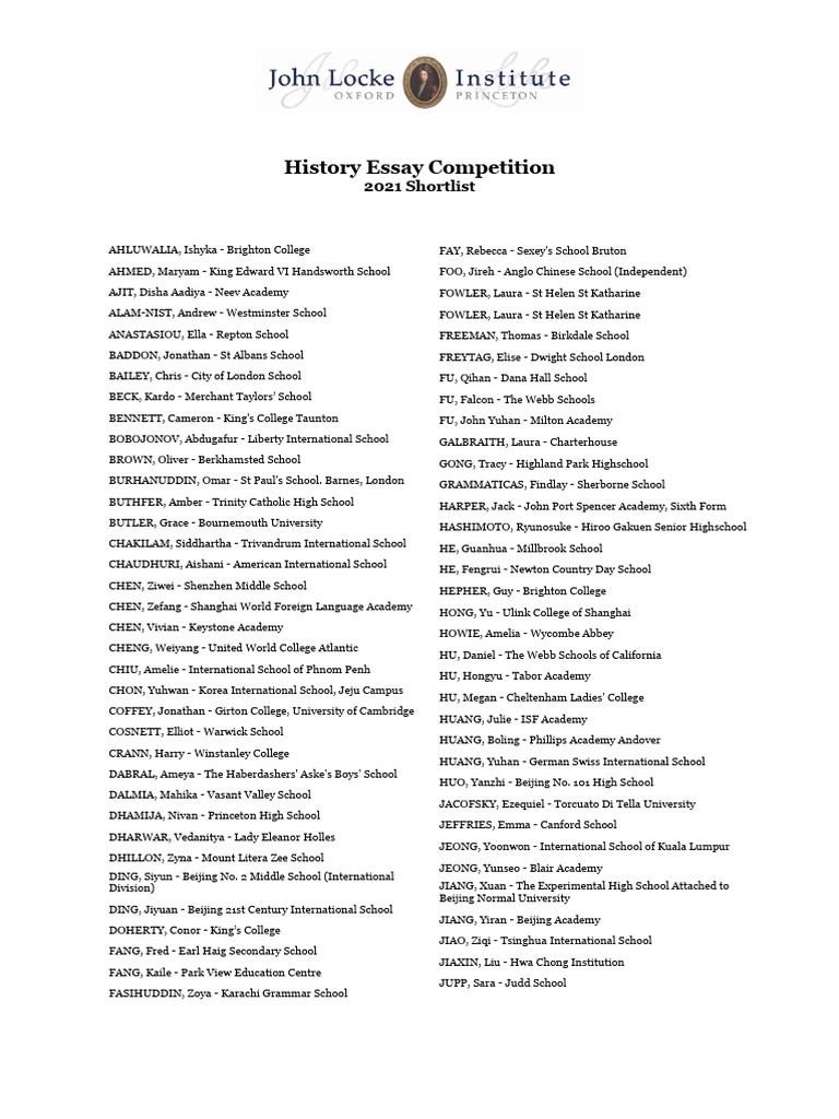 John Locke 2021 Essay Competition History Shortlist | PDF