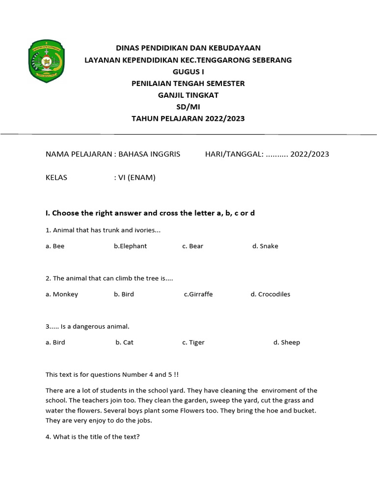 Soal UTS SMT Ganjil Bahasa Inggris Kelas 6 2022.2023 | PDF
