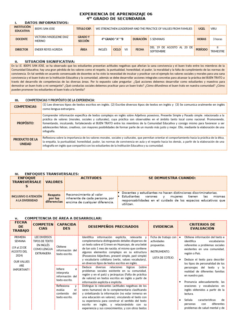 EXPERIENCIA DE APRENDIZAJE 06-4TH YEAR | PDF
