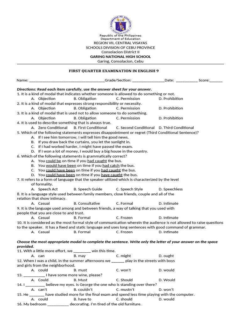 First Quarter Summative Test-English-9 | PDF