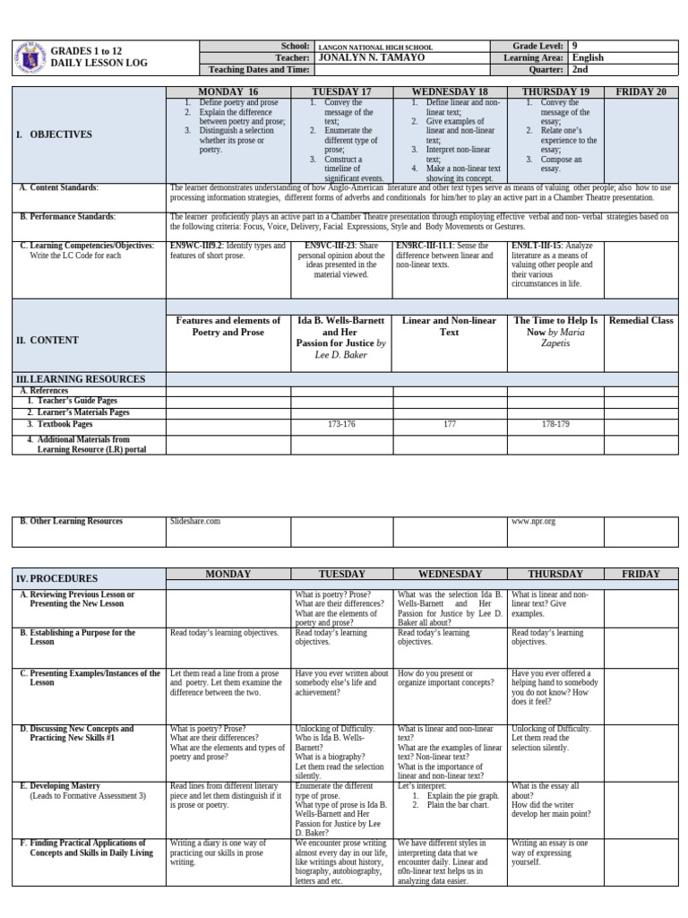 School: Grade Level: Teacher: Learning Area: Teaching Dates and Time ...