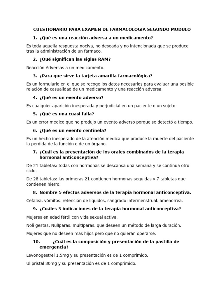 Cuestionario para Examen de Farmacologia Segundo Modulo | PDF