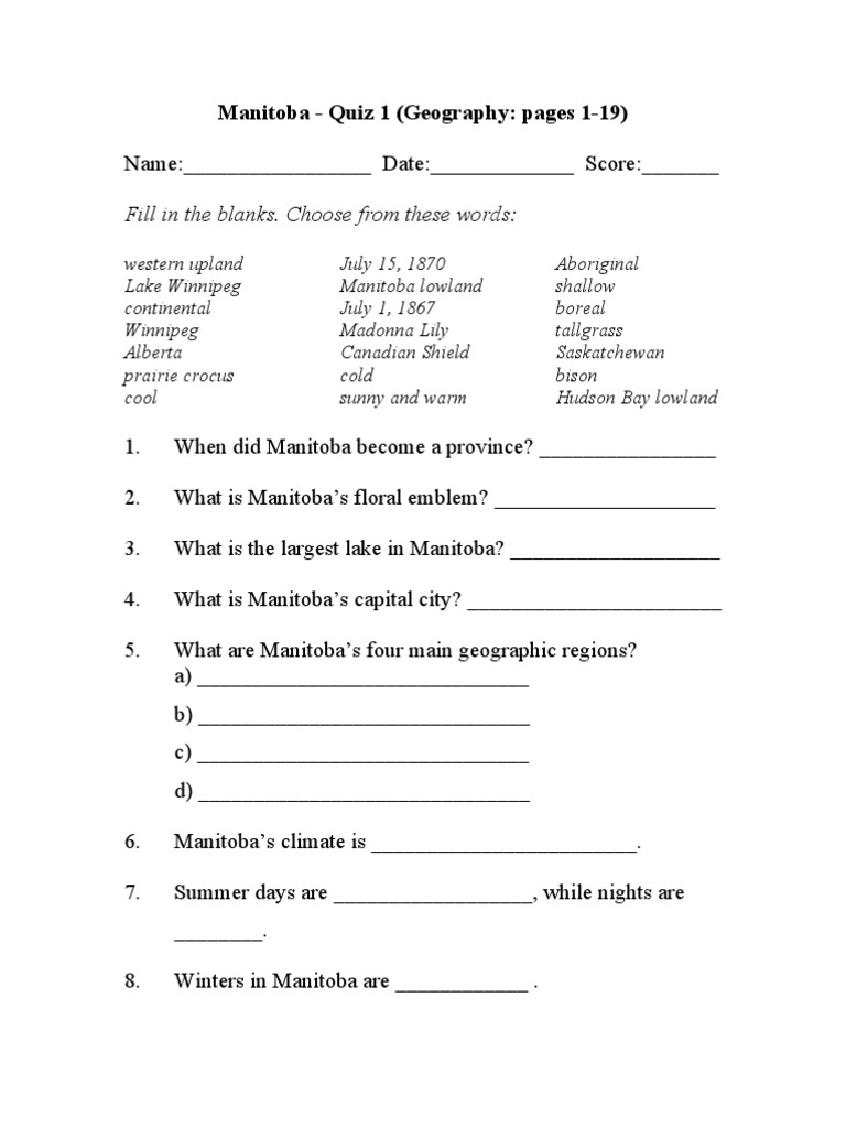 Fill in the blanks. Choose from these words:: Manitoba - Quiz 1 ...
