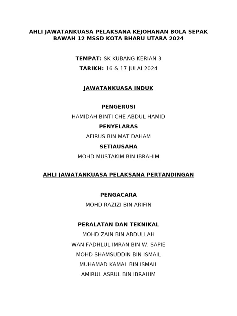 Ahli Jawatankuasa Pelaksana Kejohanan Bola Sepak Bawah 12 MSSD Kota Bharu Utara 2024 | PDF
