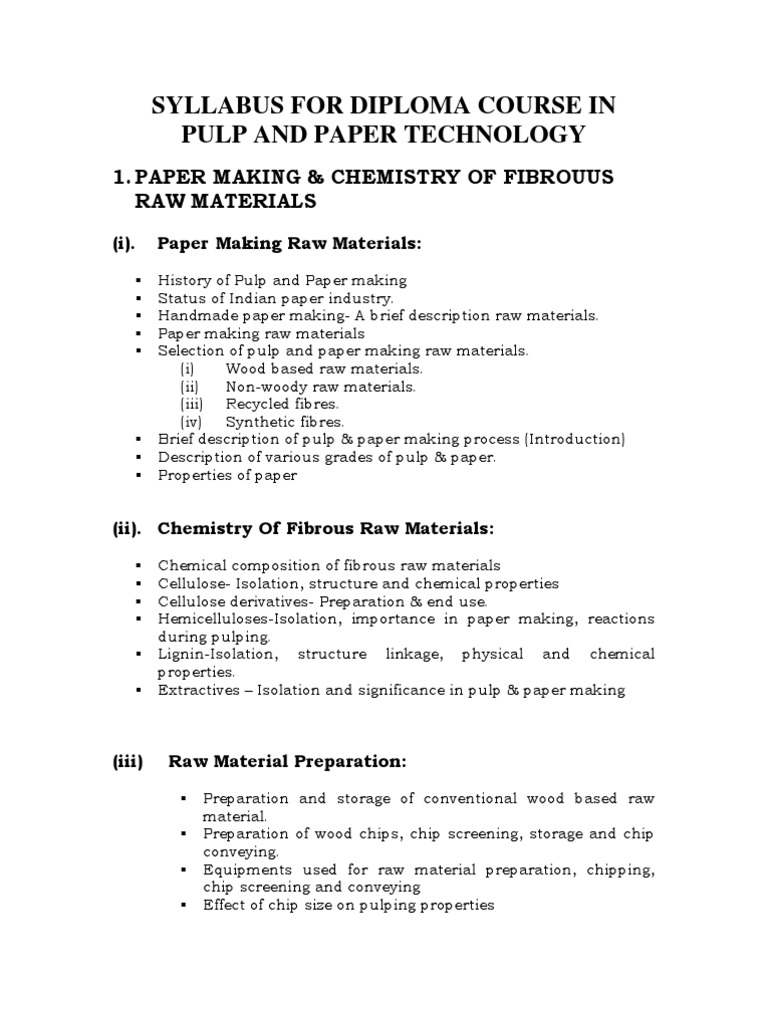 Syllabus Pulp & Paper Technology 110510 | PDF | Pulp (Paper) | Paper
