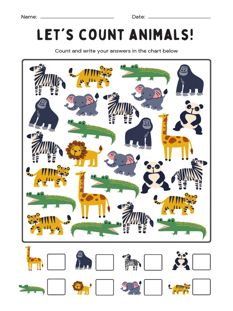 White Colorful Let's Count Animals Worksheet | PDF White Colorful Let's Count Animals Worksheet | PDF
