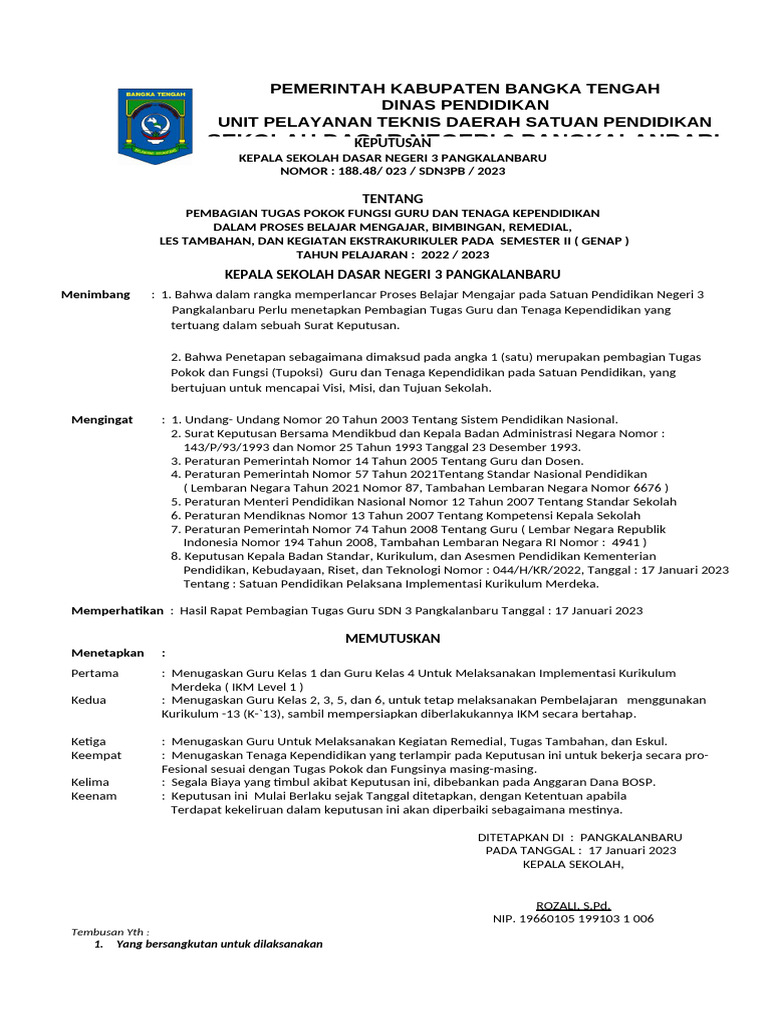 Sk-Pembagian Tugas Guru SDN3PB Smtr. 2 Th. 2022-2023 | PDF