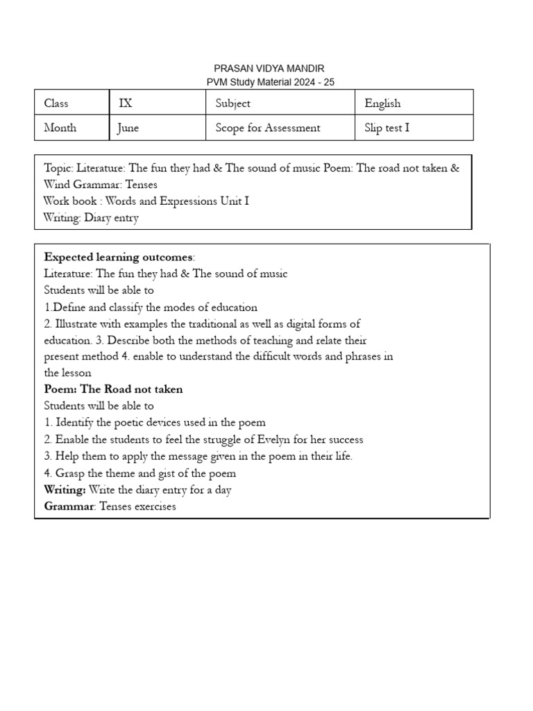 Class - Ix - English - June Study Planner 24-25 | PDF