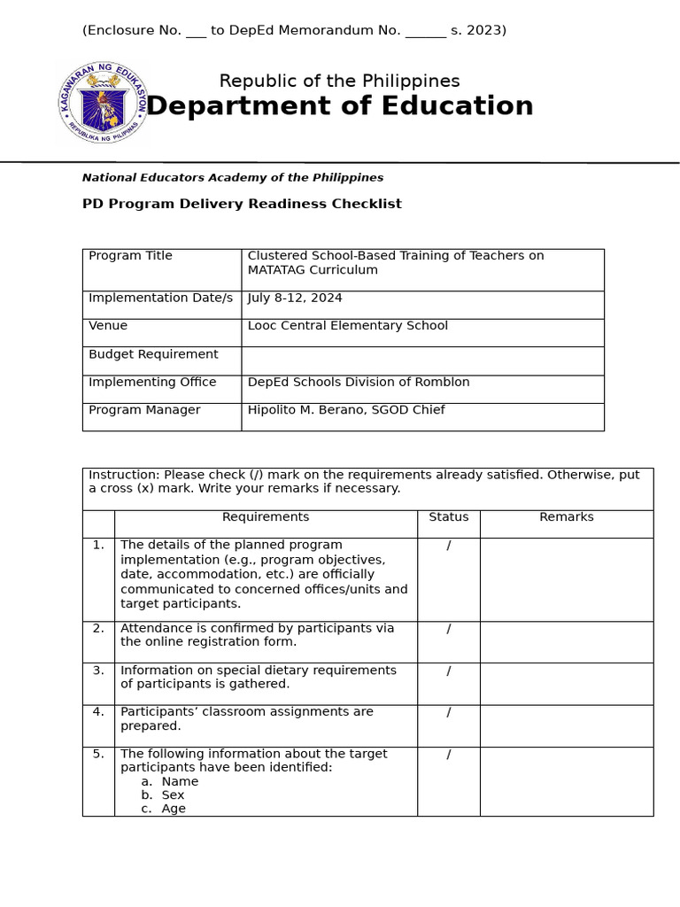 PD Readiness Checklist | PDF | Teachers | Business