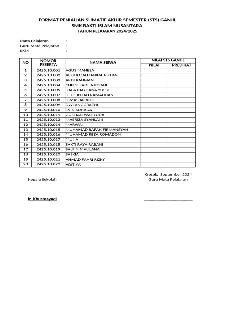 Format Nilai Sts Ganjil 2024 | PDF