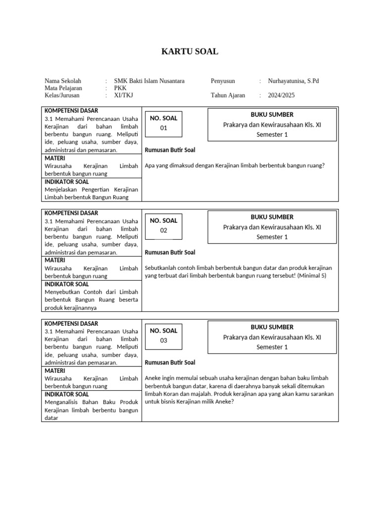 KARTU SOAL PKWU Kelas XI | PDF
