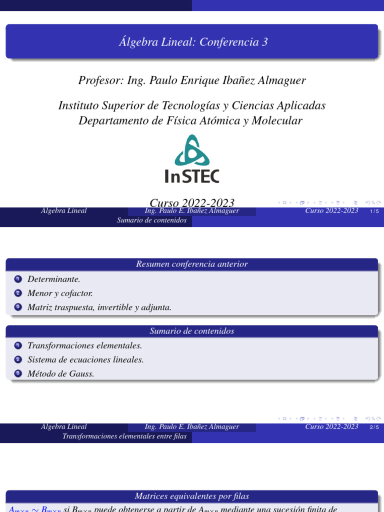 Conferencia de Álgebra Lineal: Operaciones Con Matrices, Determinante ...