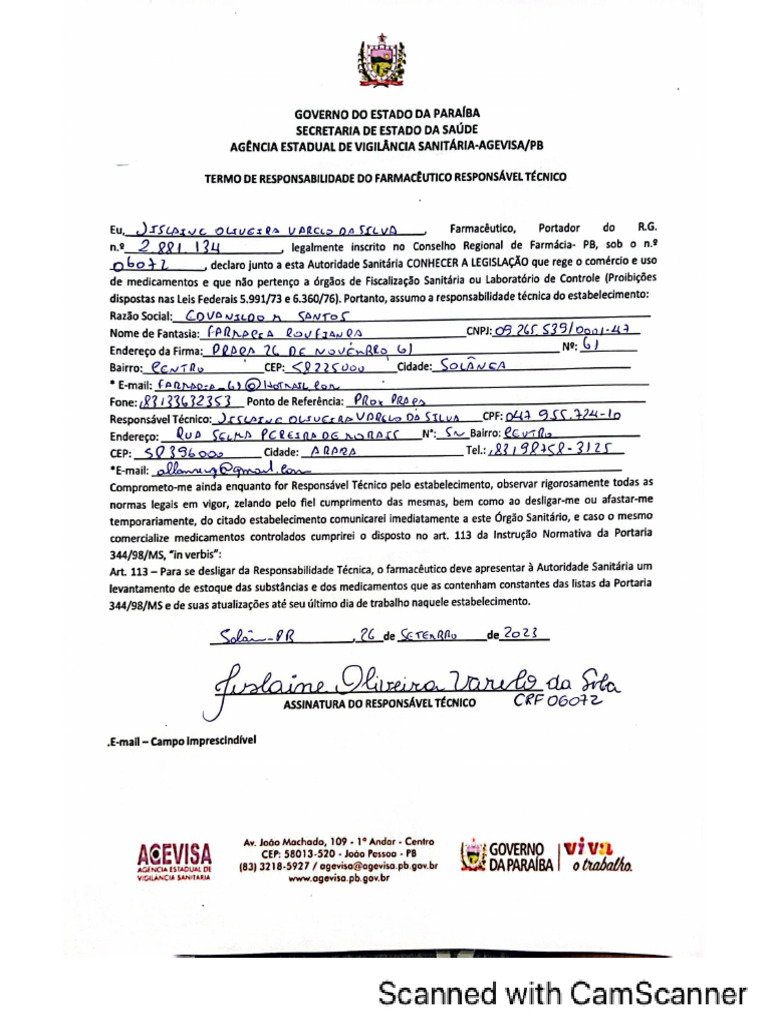 Termo De Responsabilidade Do Farmacêutic Pdf