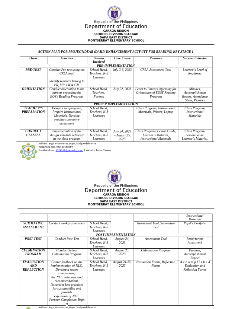 Action Plan For End of School Year Reading Program | PDF