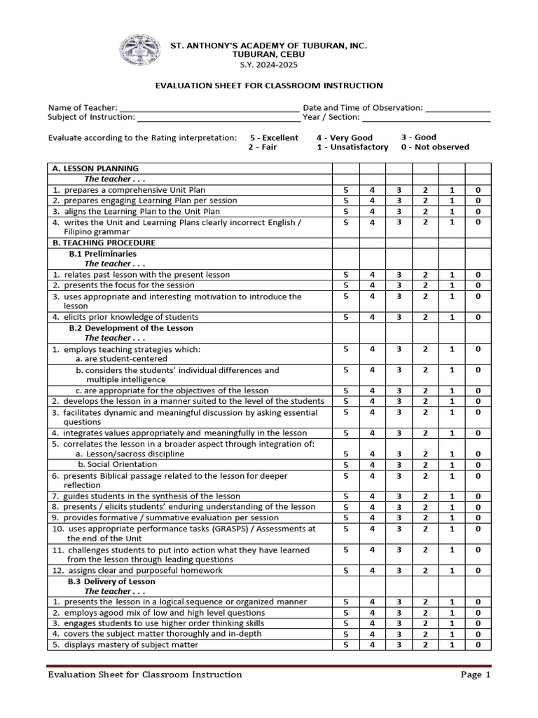 Classroom Observation Sheet - Form | PDF