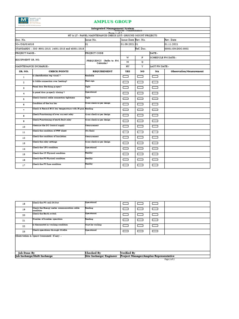 HT & LT - Panel Maintenance Check List - Ground Mount Projects | PDF